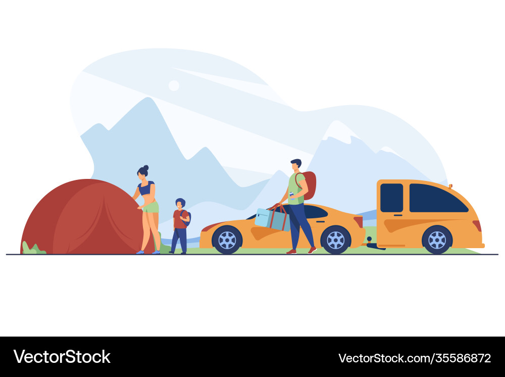 Family setting up camp in mountains Royalty Free Vector