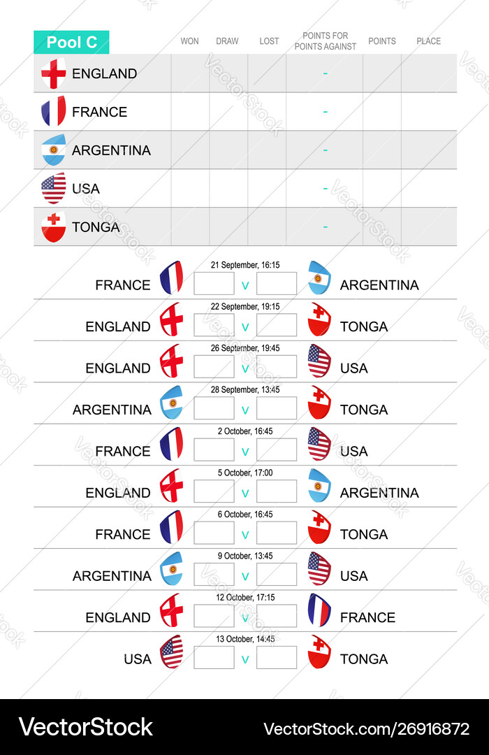 Rugby match schedule for pool c all matches Vector Image