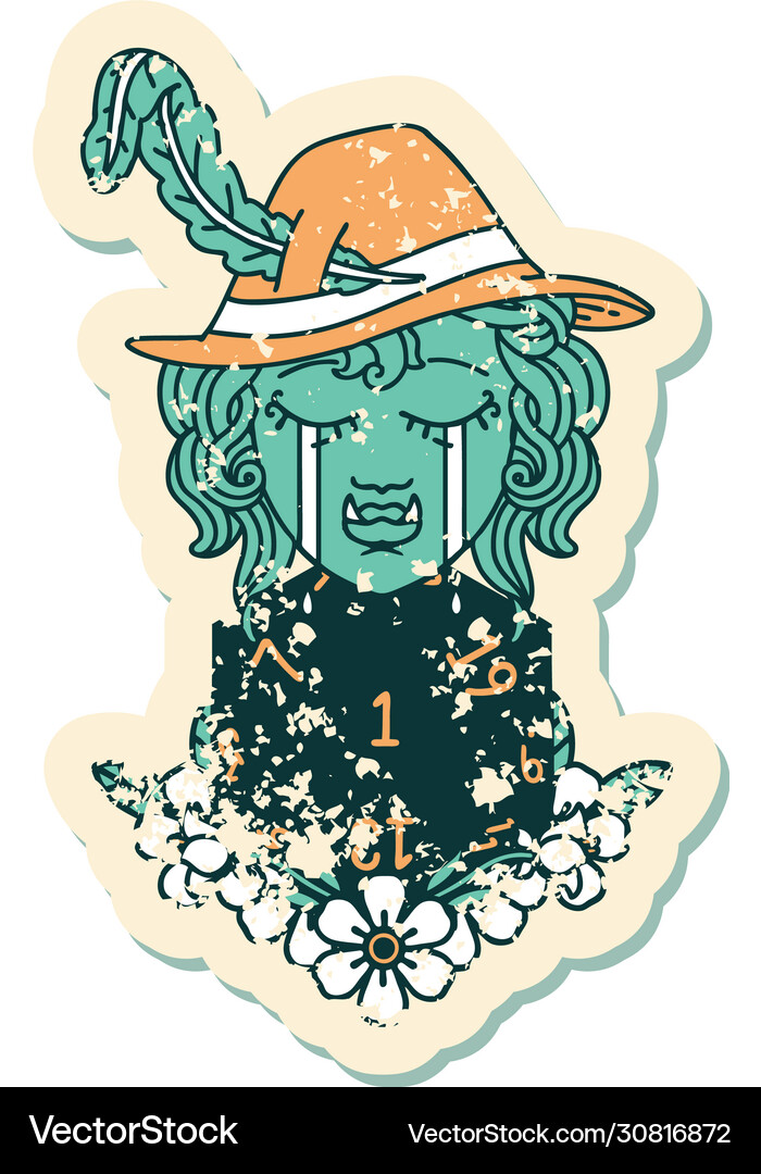 Sad half orc bard character with natural one d20 Vector Image