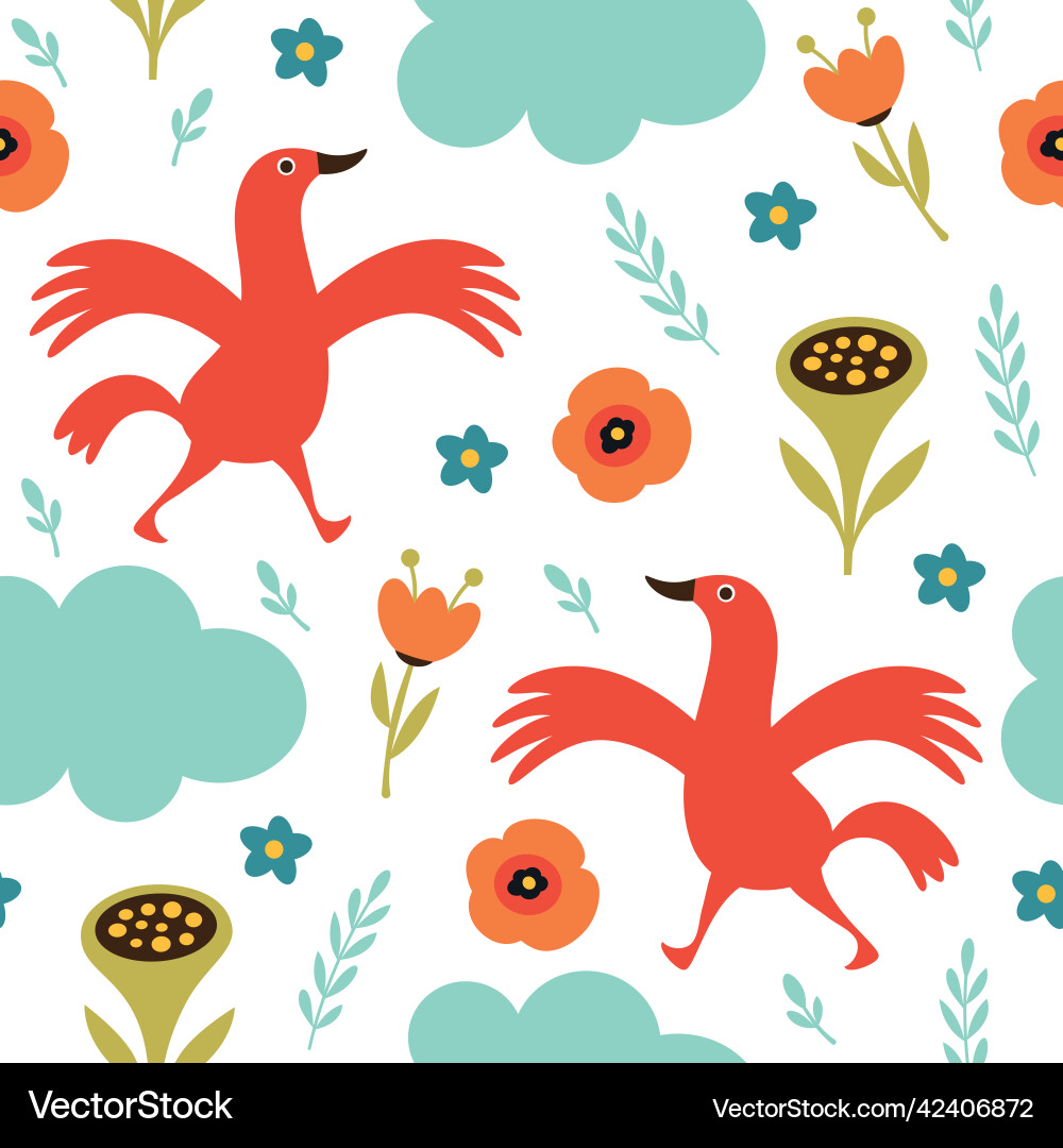 Seamless pattern with cute red birds and flowers Vector Image