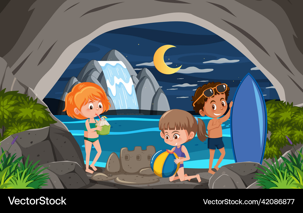 In cave scene with children exploring cartoon Vector Image