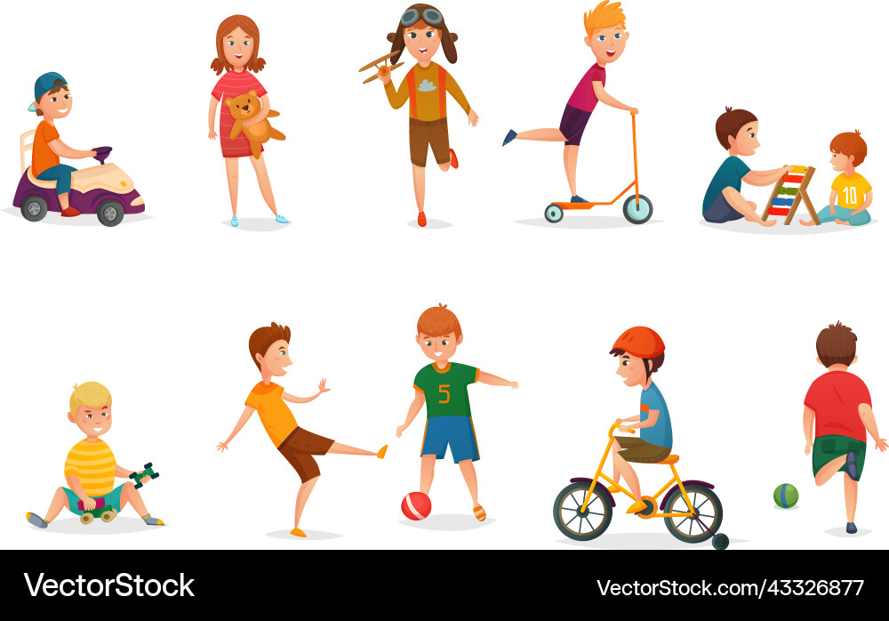 Retro cartoon kids playing icon set Royalty Free Vector