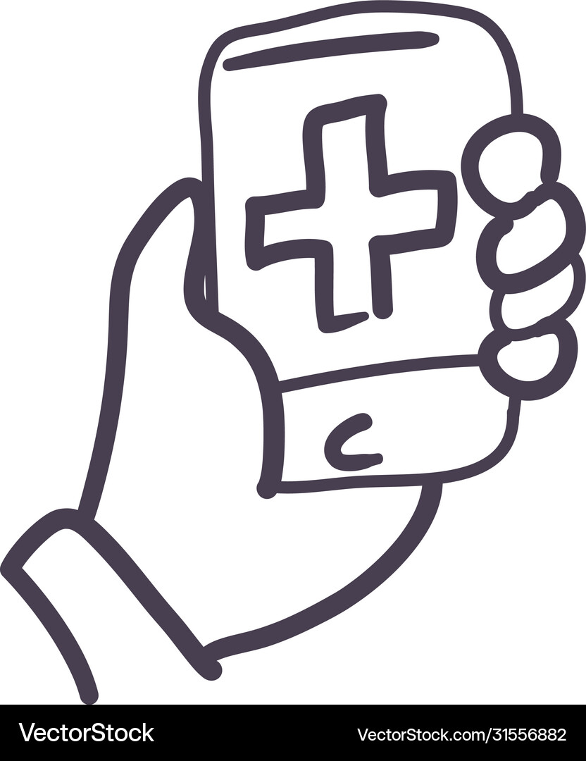 Hand holding smartphone with cross line style icon