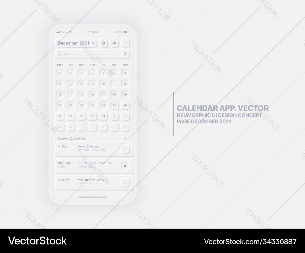 Calendar app december 2021 ui ux neumorphic Vector Image
