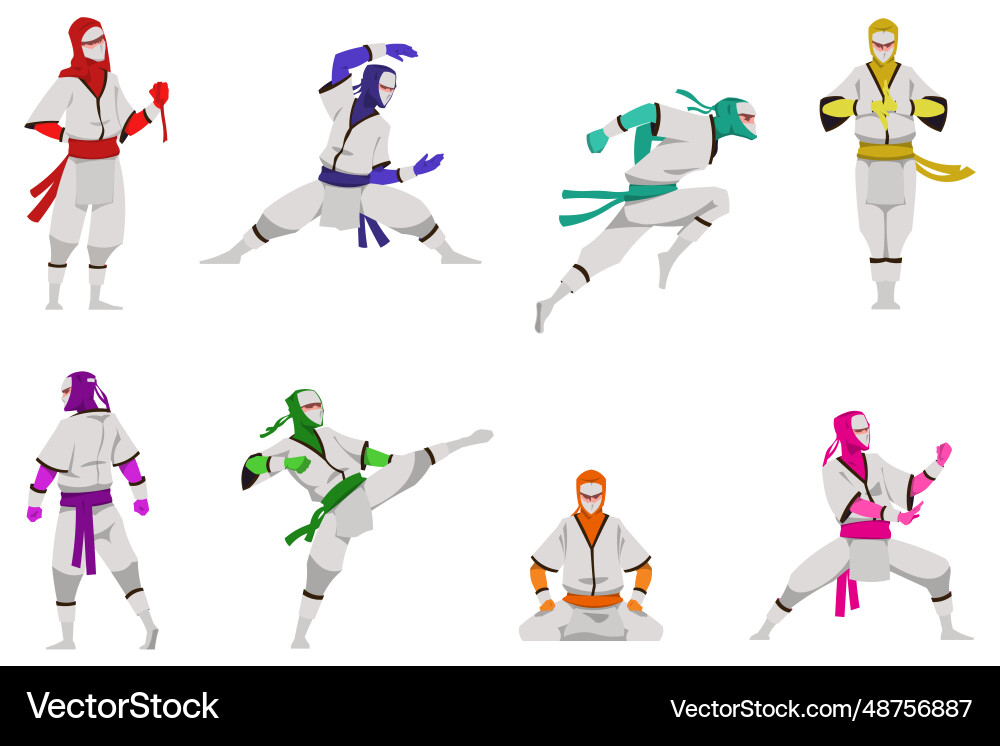 Cartoon ninja japanese warrior fighters kicks Vector Image