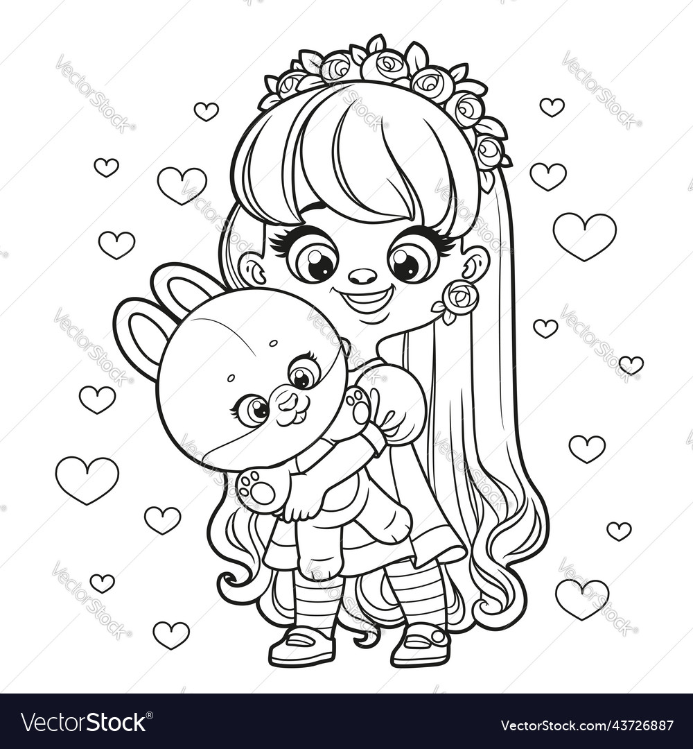 Cute Cartoon Long Haired Girl With Big Toy Bunny Vector Image