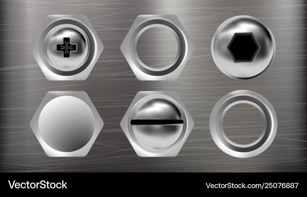Realistic metal head screw and bolt set Royalty Free Vector