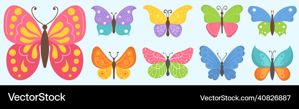 Set colorful flying insects summer butterfly flat Vector Image