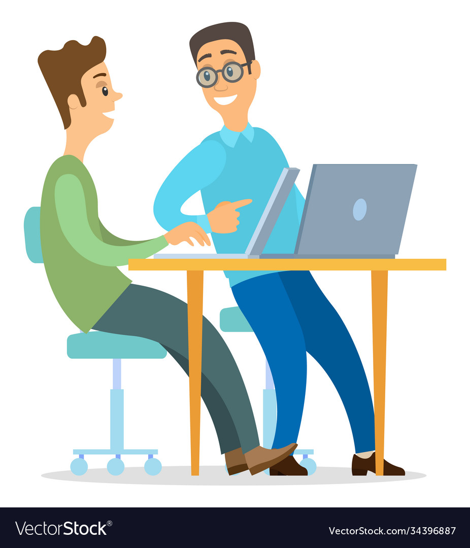 Two colleagues sitting at table using laptops Vector Image