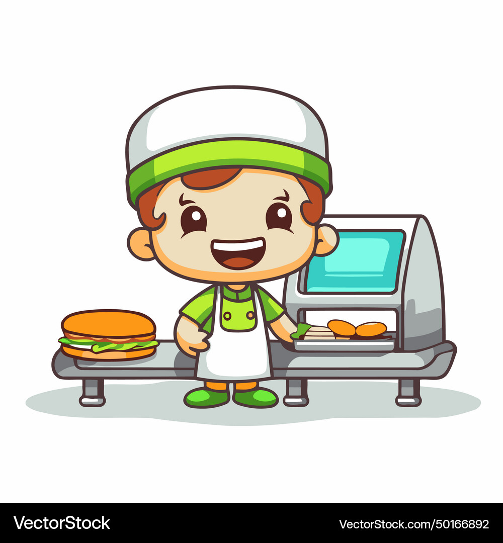 Chef with hamburger and cash register character Vector Image