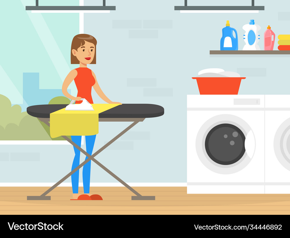 Young woman ironing clothes on board Royalty Free Vector