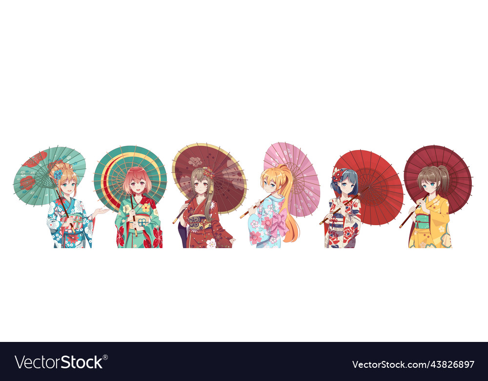 Group Of Anime Manga Girls In Kimono Holding Vector Image