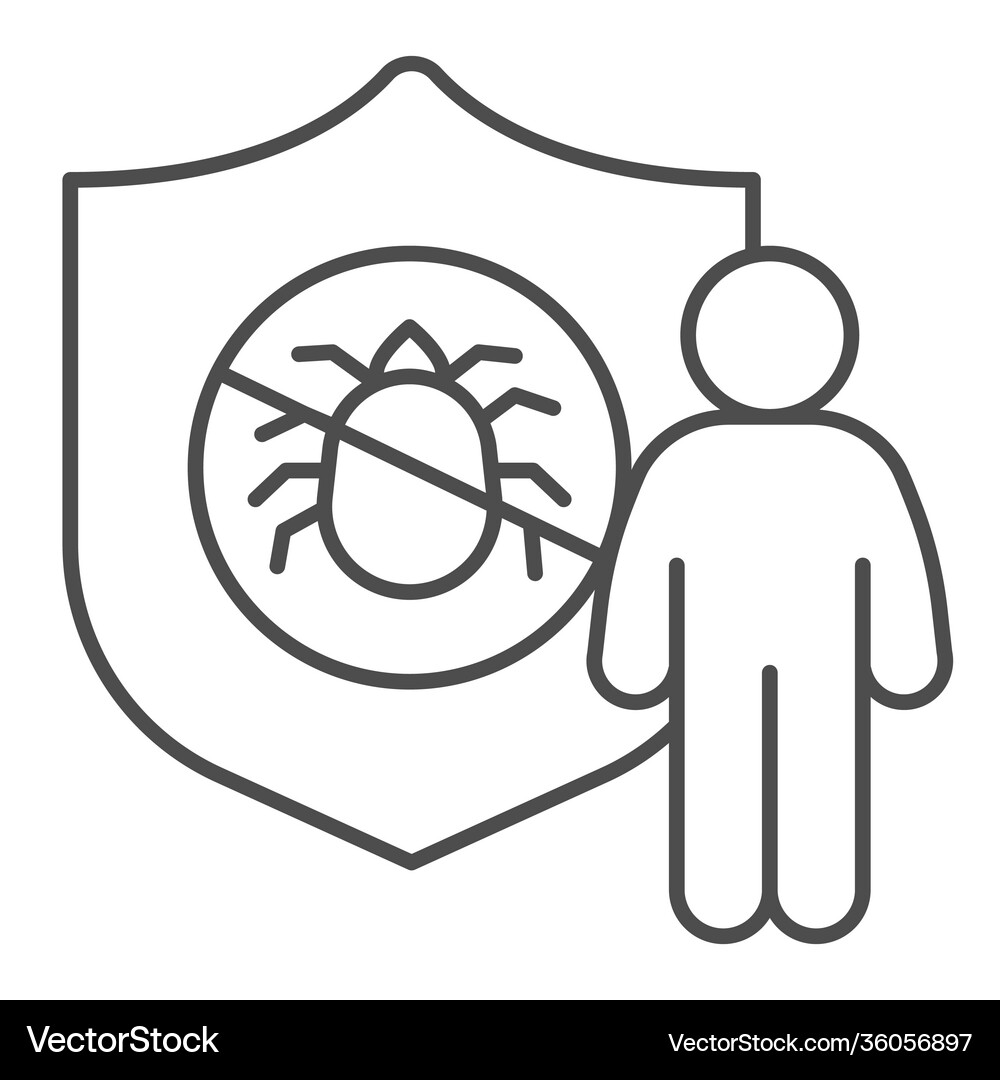 Man with shield and insect thin line icon pest Vector Image