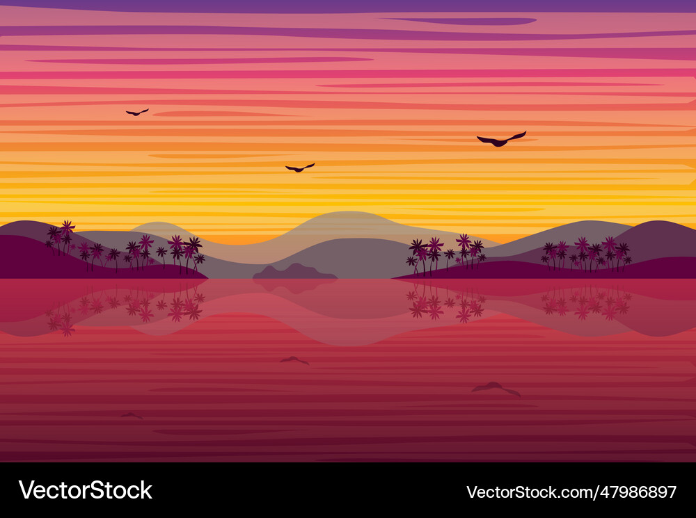 Sunset over tropical island landscape background Vector Image