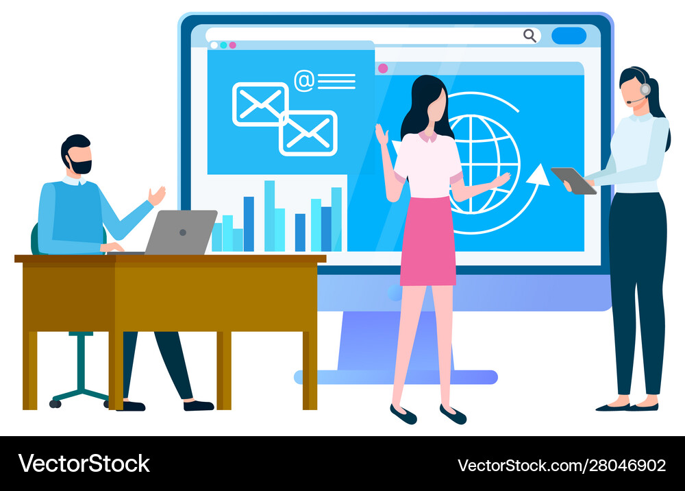 People standing near website with information Vector Image