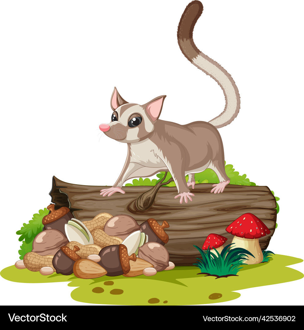 Sugar glider standing on wooden log Royalty Free Vector