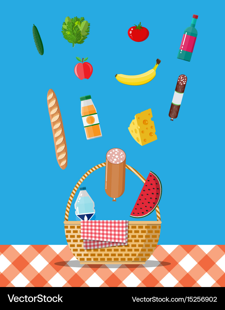 Wicker picnic basket full products Royalty Free Vector Image