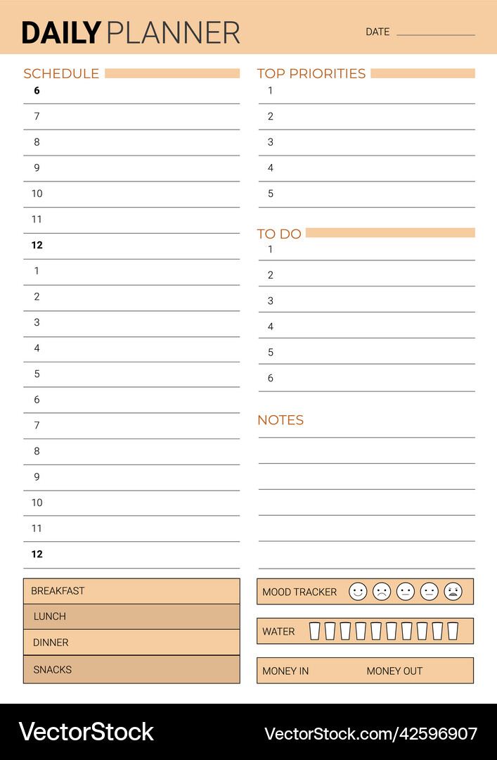 Daily planner printable template Royalty Free Vector Image