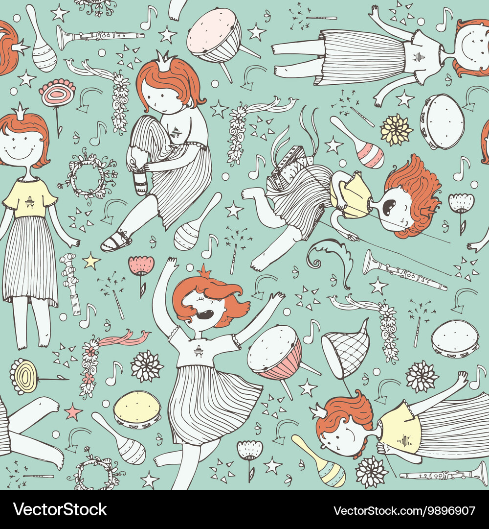 Pattern with cute girl princess musical Royalty Free Vector