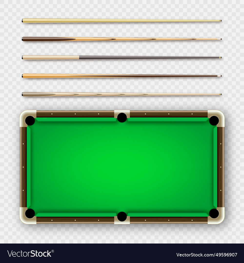 Various wooden billiard cues and green pool table Vector Image