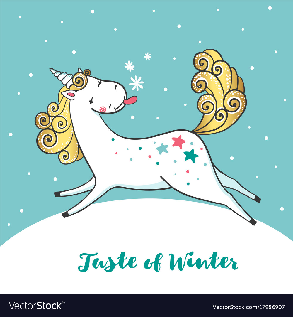 Winter card with cute unicorn and snowflakes Vector Image