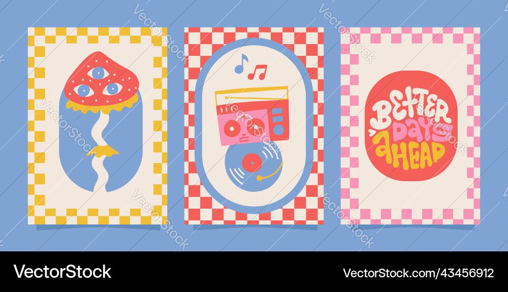 Groovy poster set in flat cartoon style Royalty Free Vector