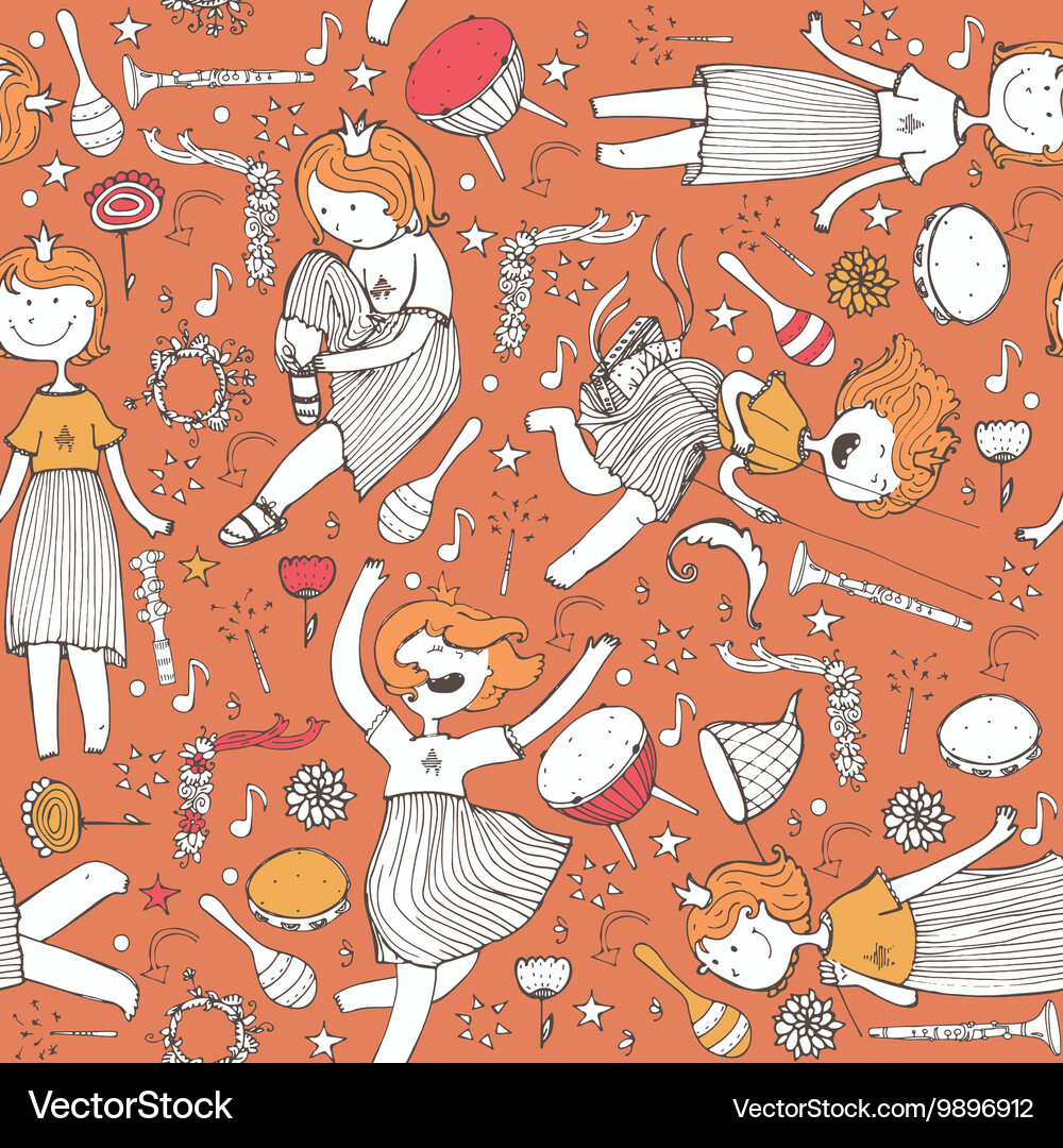 Pattern with cute girl princess musical Royalty Free Vector