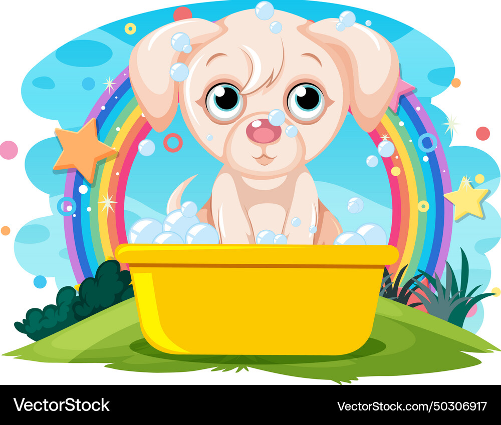 Cute puppy enjoying a bubbly bath outdoors Vector Image