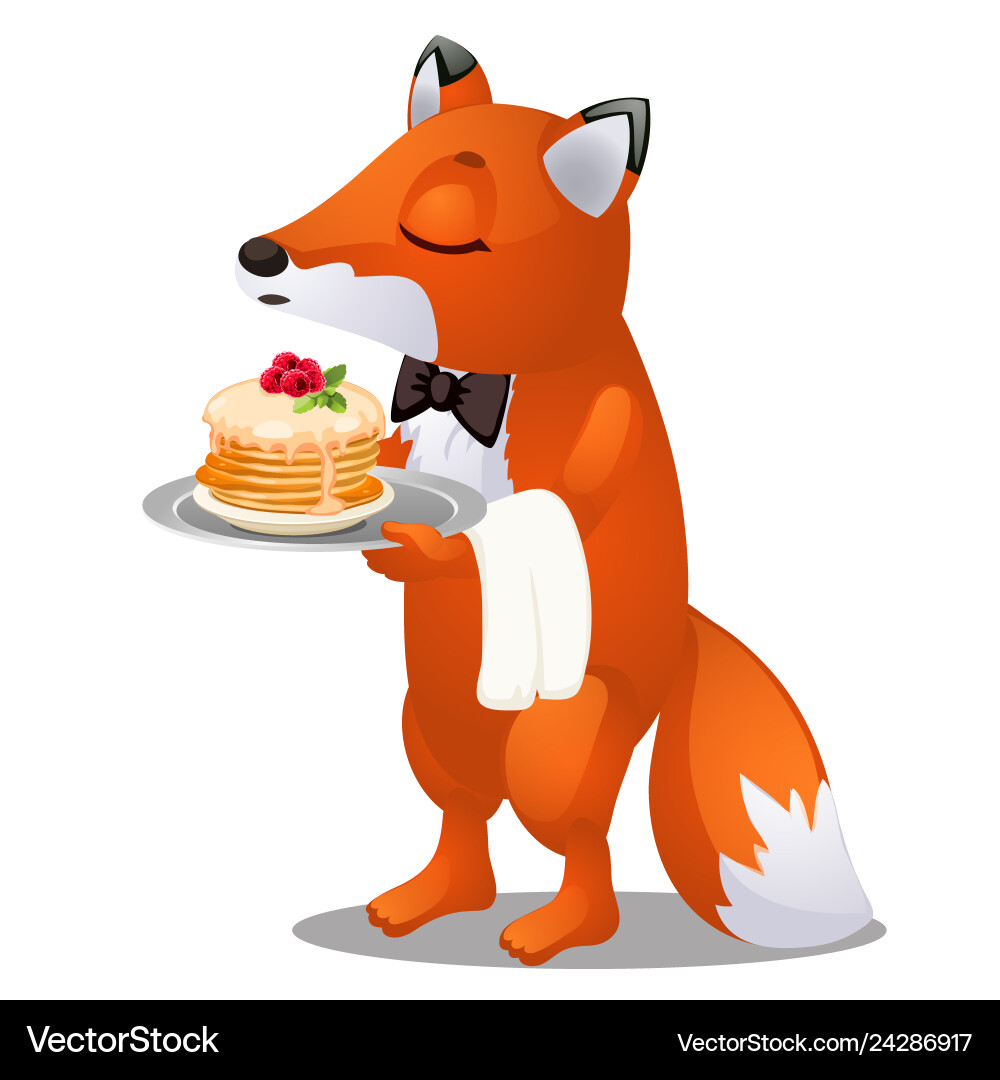 Waiter fox carries a plate pancakes Royalty Free Vector