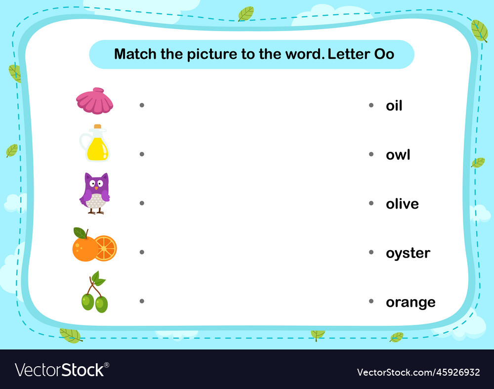 Match words with the correct pictures letter o Vector Image