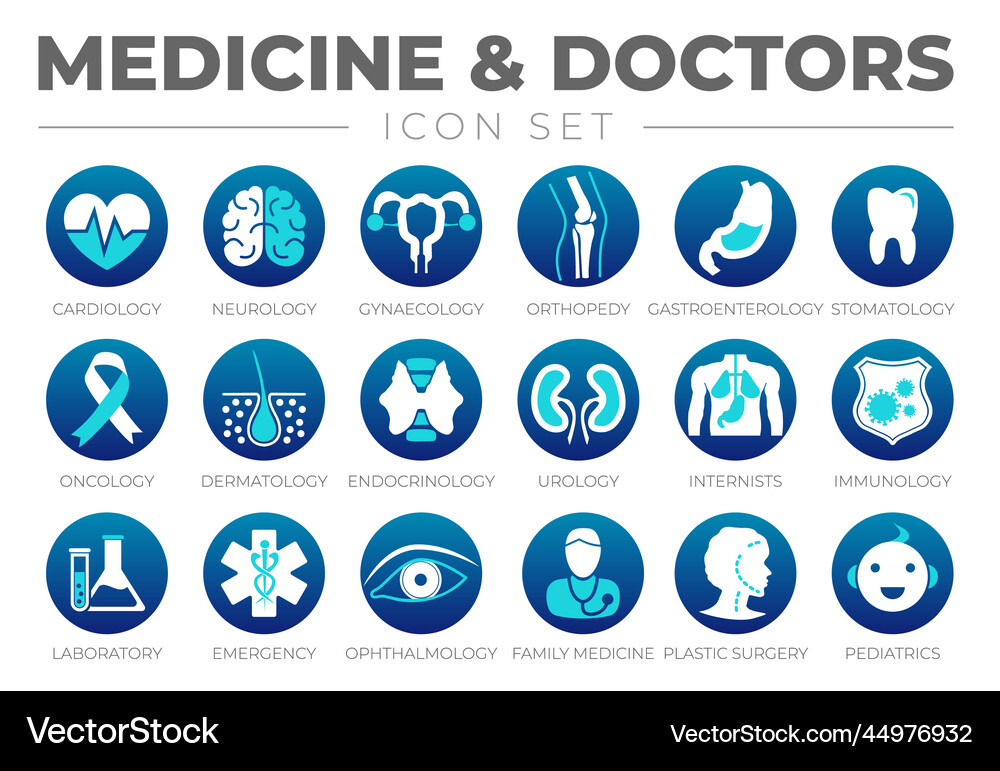 Medicine and doctors round blue icon set Vector Image