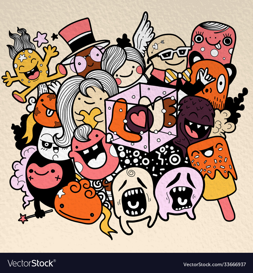 Hand drawn cute monsters with letters love Vector Image