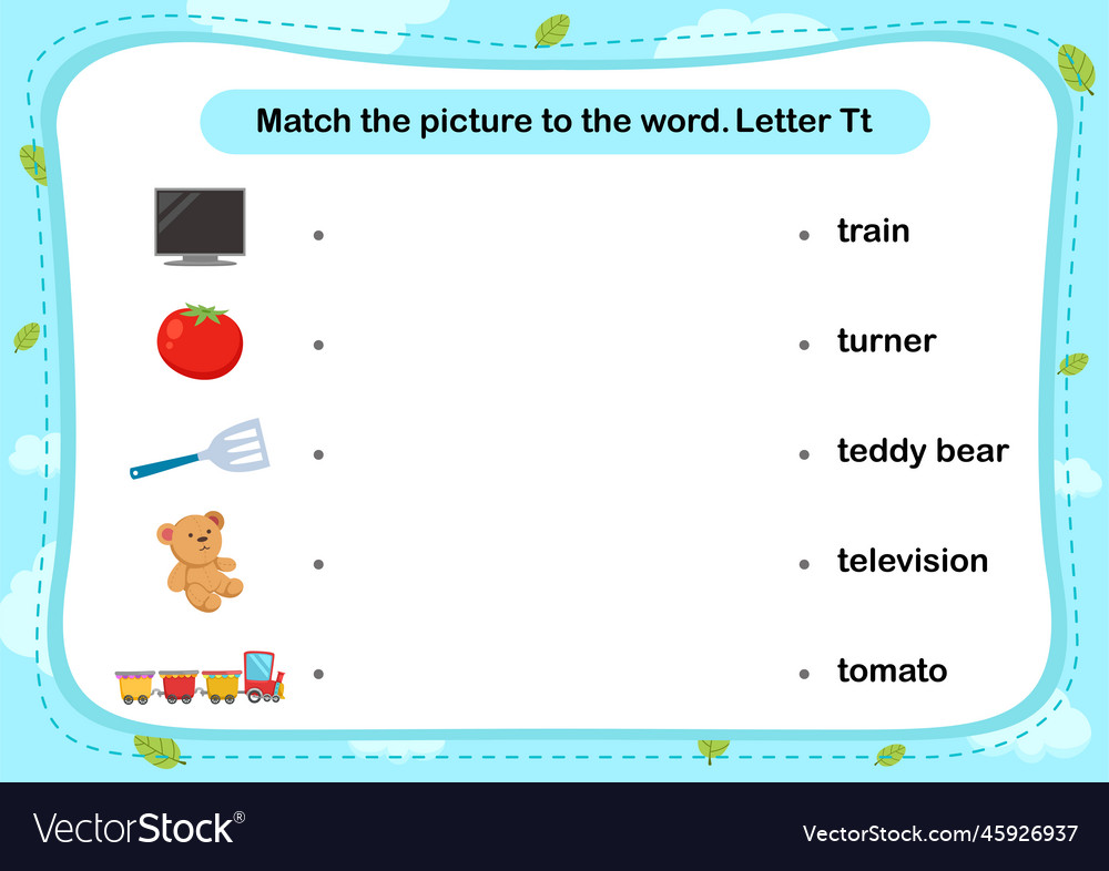Match words with the correct pictures letter t Vector Image