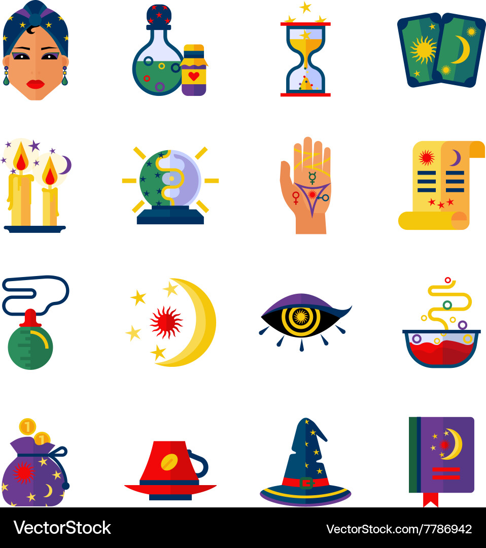 Fortune teller attributes flat icons set Vector Image