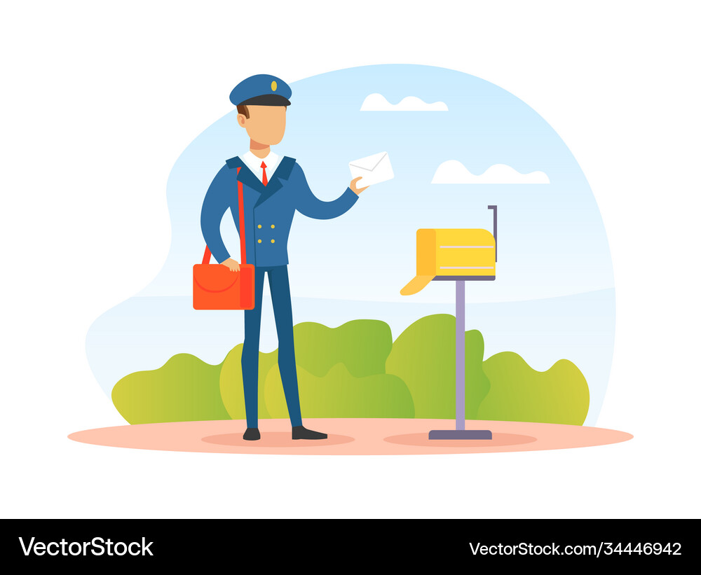 Postman putting letter in mailbox mailman blue Vector Image