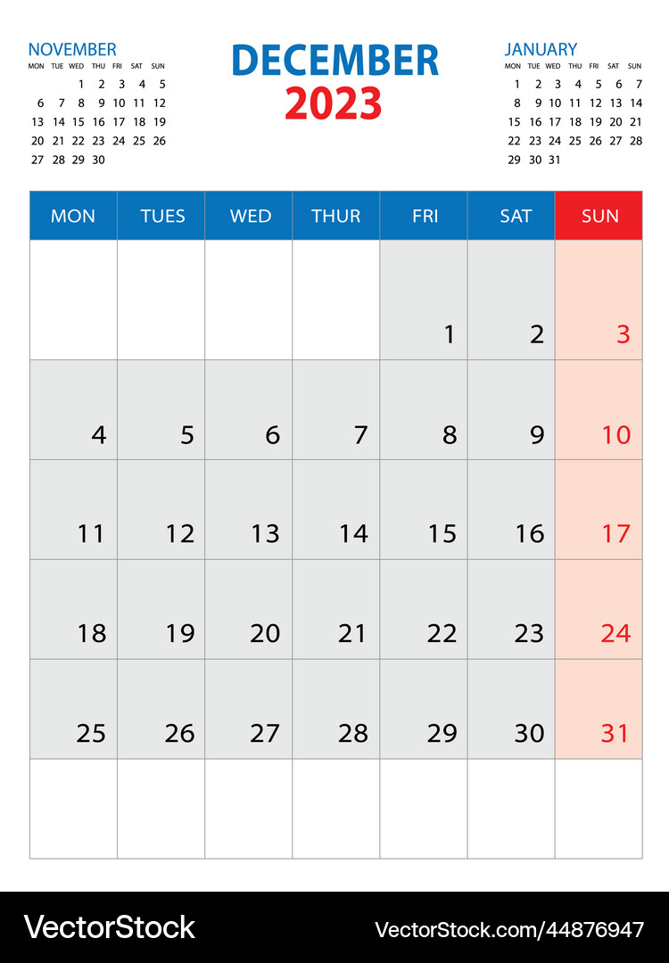 Calendar 2023 template - december year Royalty Free Vector