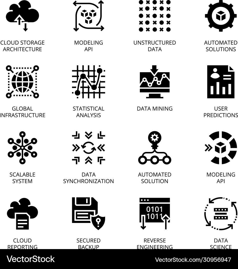 Data Science Glyph Icons Set Royalty Free Vector Image