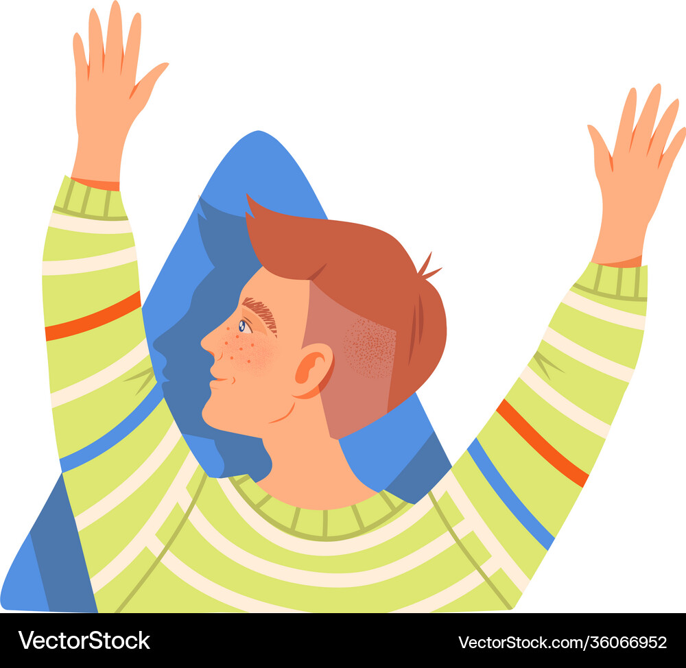 Cheerful man looking out window and waving hand Vector Image