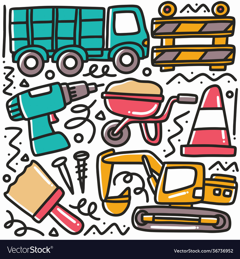 Doodle set hand construction elements tools Vector Image