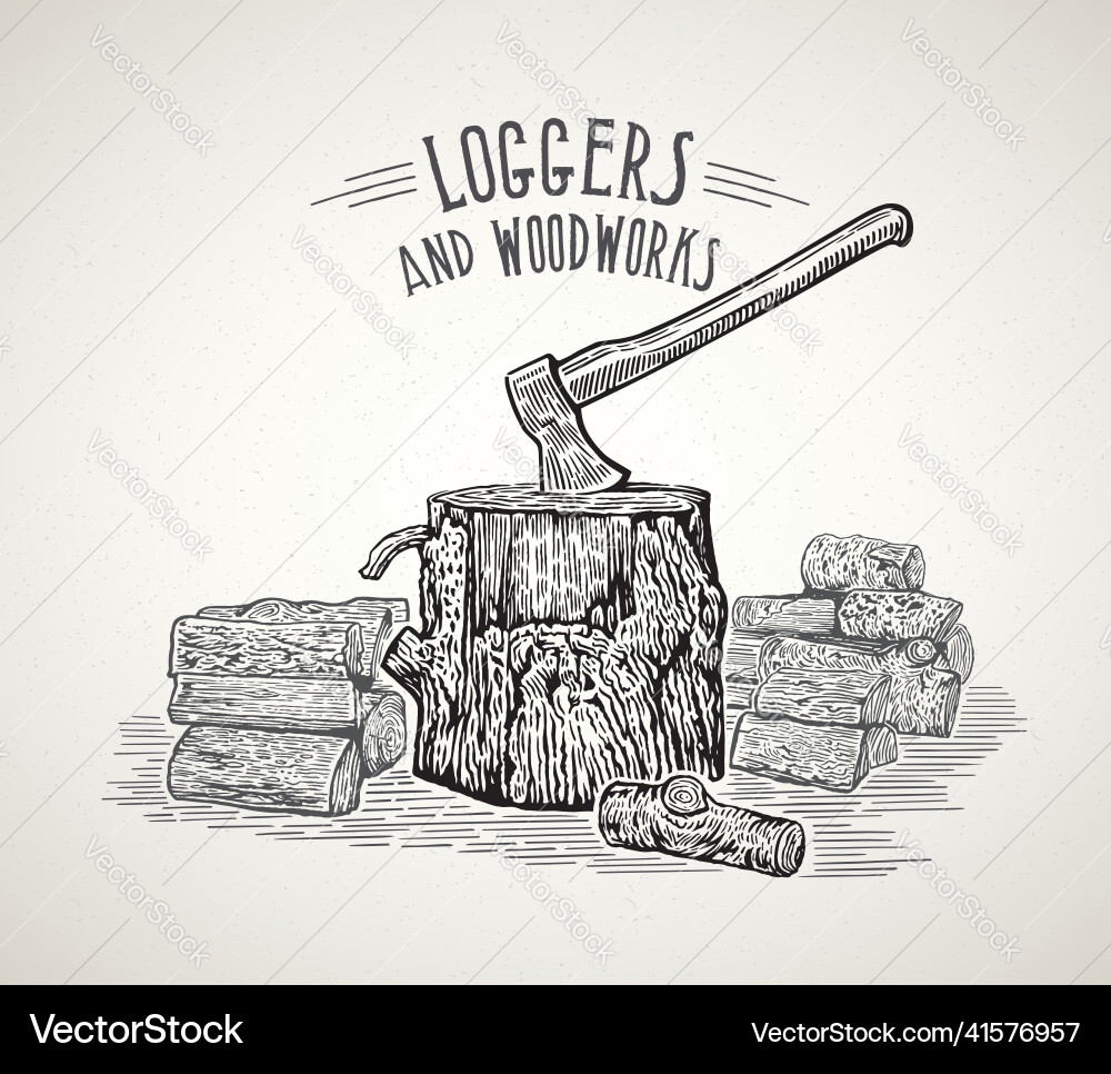 Ax stuck in a wooden stump with split logs Vector Image