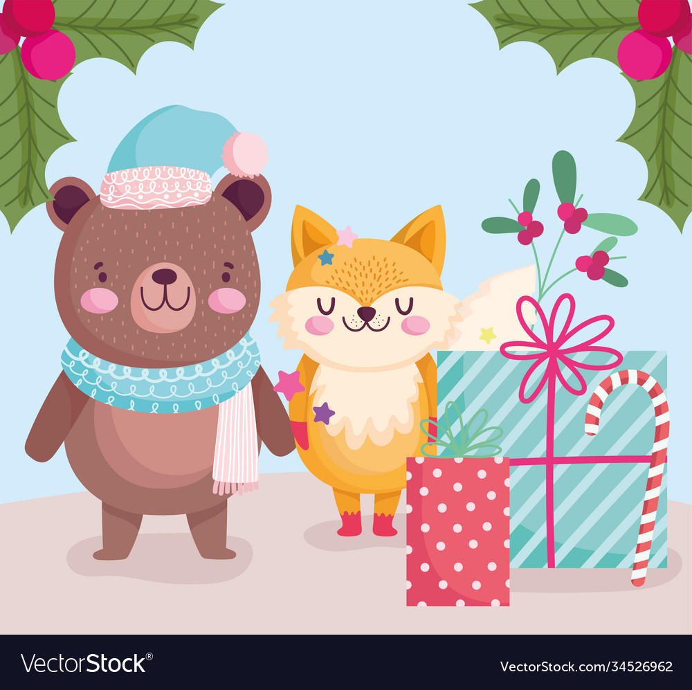 Merry christmas cute bear and fox with gifts Vector Image