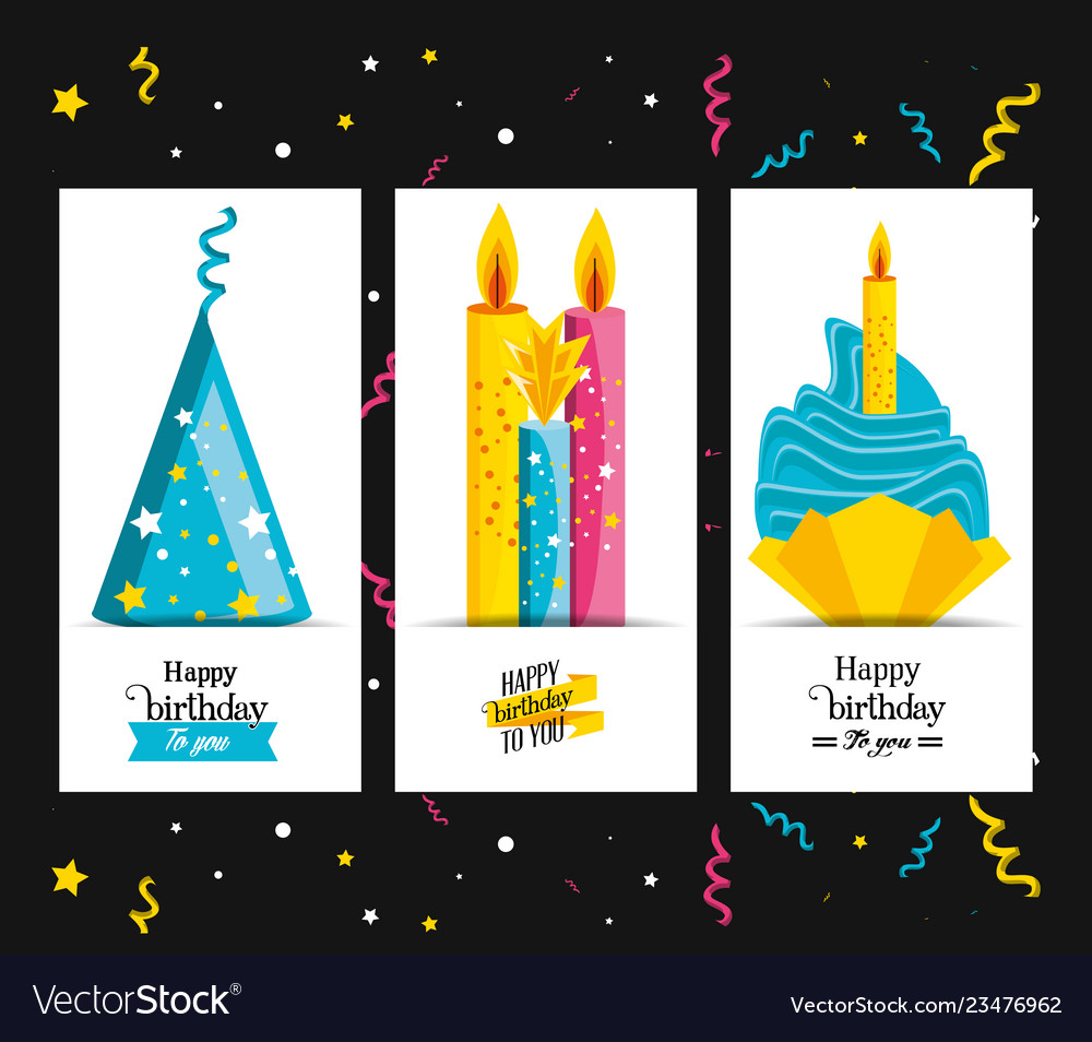 Set birthday hat with candles and cupcake Vector Image