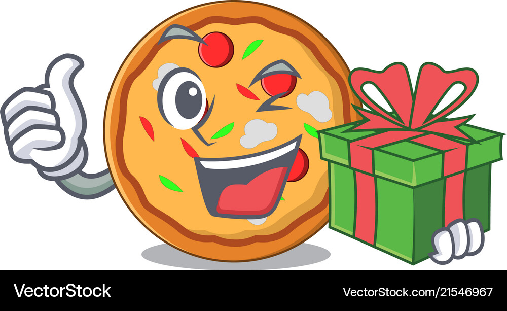 With gift pizza mascot cartoon style Royalty Free Vector