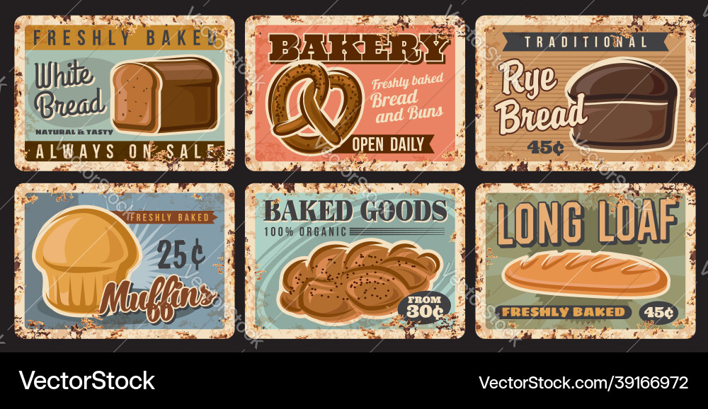 Bread metal rusty plates bakery loafs and pastry Vector Image