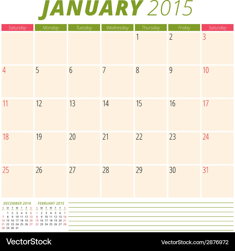 Calendar planner 2015 template week starts sunday Vector Image
