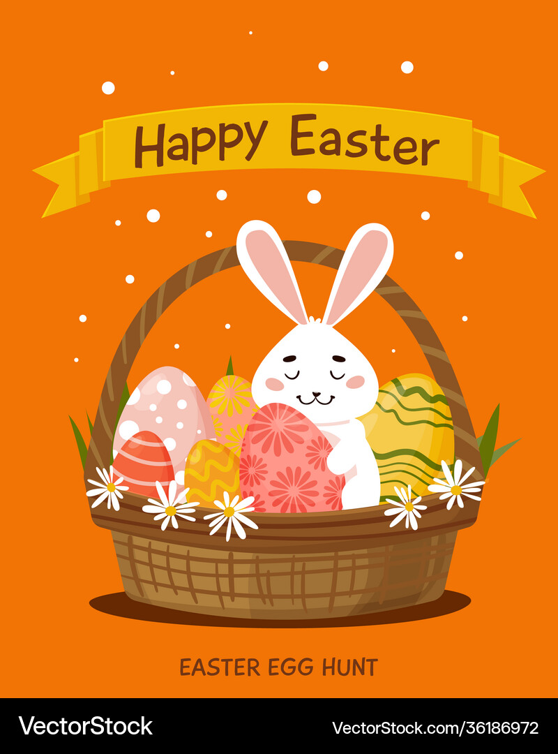 Happy easter card with bunny and basket eggs Vector Image