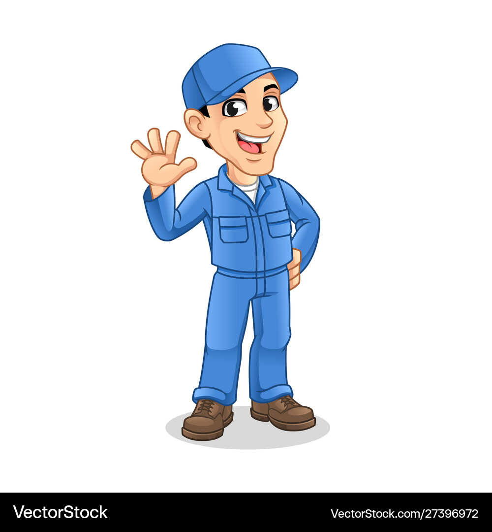 Mechanic man with waving hand gesture sign Vector Image