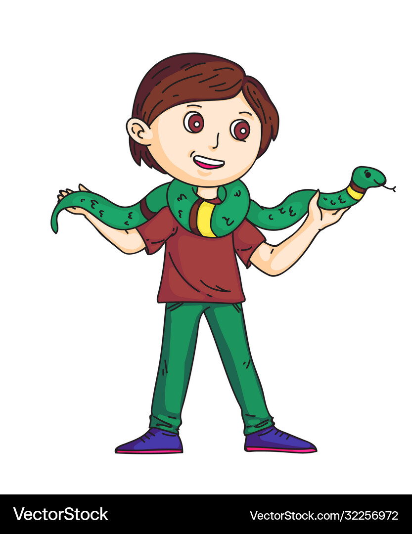 Schoolboy holding snake on shoulders on white Vector Image