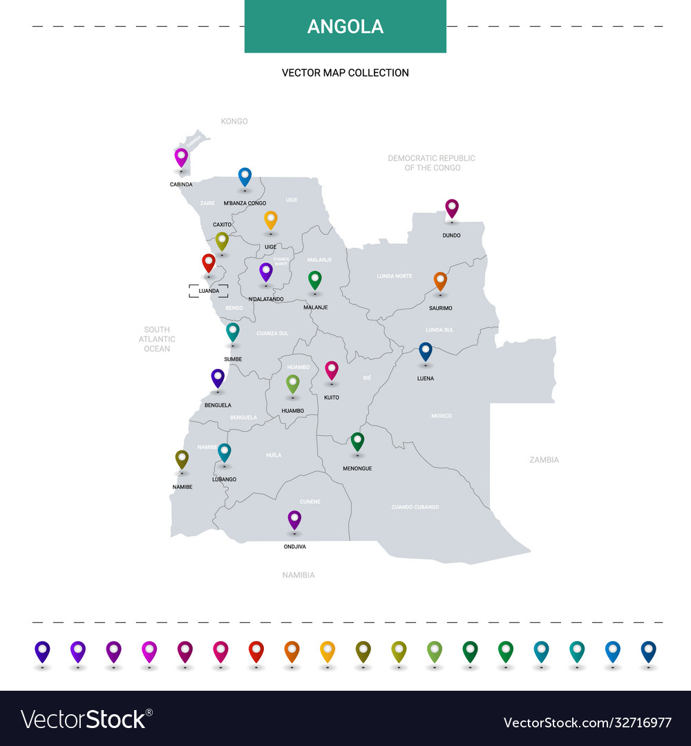 Angola map with location pointer marks Royalty Free Vector