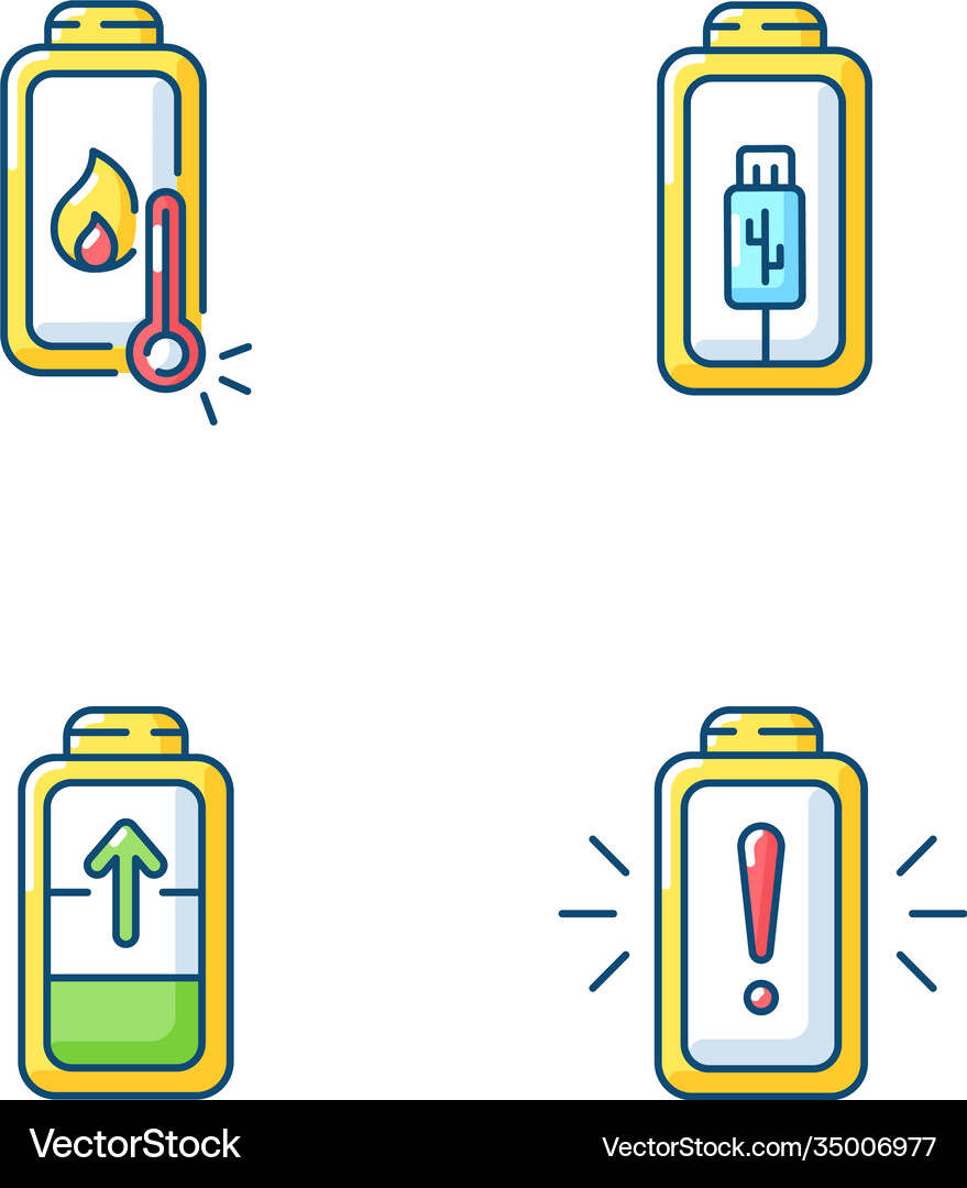 Battery cable charging process rgb color icons set